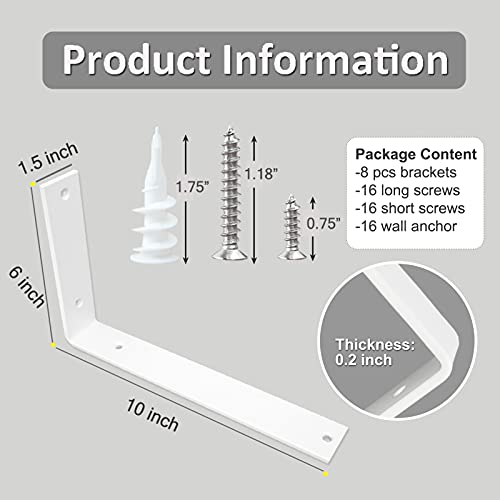 Shelf Brackets 10 Inch Wall Brackets L Brackets 8PCS Heavy Duty Brackets for Shelves Metal White Rustic Industrial Brackets for DIY Opening Shelves Project Hardware Included