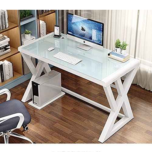 SAMERY Computer Desk, 55.1 Inch Modern Simple Office Desk Computer Table Study Gaming Writing Desk for Home Office, Glass Top/Metal Frame, Black