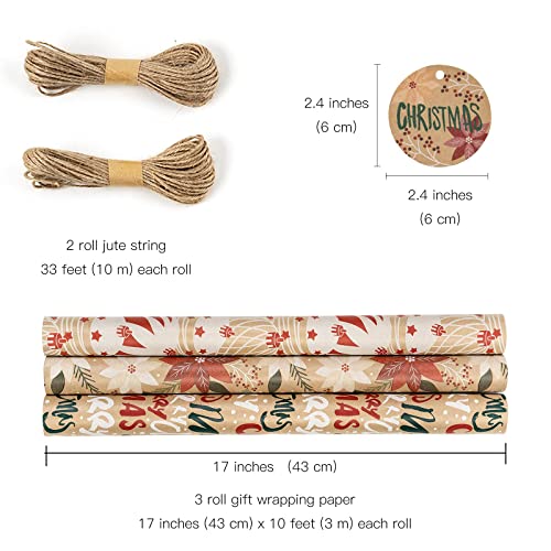 RUSPEPA Christmas Wrapping Paper Rolls with Tags and Jute String - 17 inches x 10 feet per Roll, Total of 3 Rolls