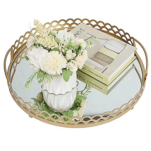 MAONAME Gold Mirror Decorative Tray, Large Vanity Tray with Handle, Metal Round Glass Tray for Bathroom, Dresser, Storage | 17" x 17" x 2.75"