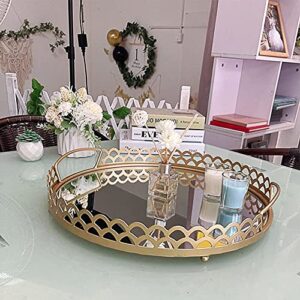 MAONAME Gold Mirror Decorative Tray, Large Vanity Tray with Handle, Metal Round Glass Tray for Bathroom, Dresser, Storage | 17" x 17" x 2.75"