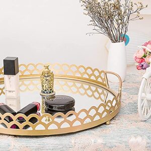 MAONAME Gold Mirror Decorative Tray, Large Vanity Tray with Handle, Metal Round Glass Tray for Bathroom, Dresser, Storage | 17" x 17" x 2.75"