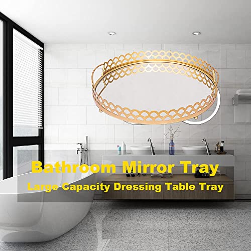 MAONAME Gold Mirror Decorative Tray, Large Vanity Tray with Handle, Metal Round Glass Tray for Bathroom, Dresser, Storage | 17" x 17" x 2.75"