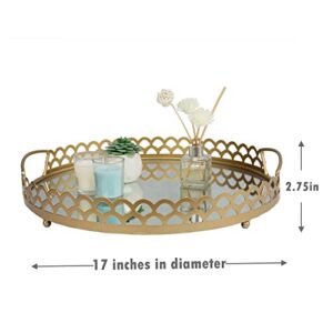 MAONAME Gold Mirror Decorative Tray, Large Vanity Tray with Handle, Metal Round Glass Tray for Bathroom, Dresser, Storage | 17" x 17" x 2.75"