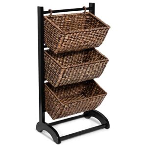 birdrock home 3-tier abaca storage organizer shelf - espresso - extremely durable abaca fiber - solid wood frame - 3 baskets - great cubby for storage (brown wash)