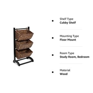 BIRDROCK HOME 3-Tier Abaca Storage Organizer Shelf - Espresso - Extremely Durable Abaca Fiber - Solid Wood Frame - 3 Baskets - Great Cubby for Storage (Brown Wash)