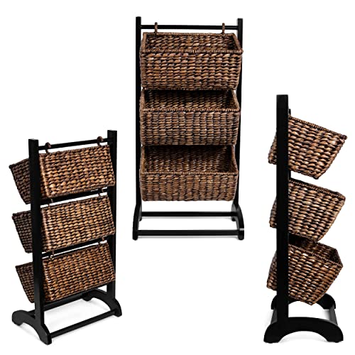 BIRDROCK HOME 3-Tier Abaca Storage Organizer Shelf - Espresso - Extremely Durable Abaca Fiber - Solid Wood Frame - 3 Baskets - Great Cubby for Storage (Brown Wash)