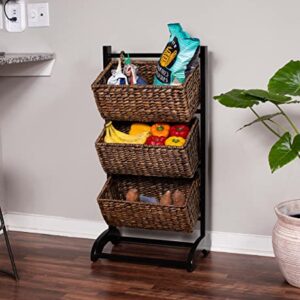 BIRDROCK HOME 3-Tier Abaca Storage Organizer Shelf - Espresso - Extremely Durable Abaca Fiber - Solid Wood Frame - 3 Baskets - Great Cubby for Storage (Brown Wash)