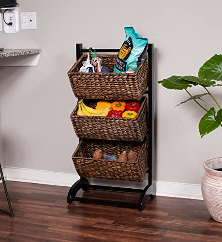 BIRDROCK HOME 3-Tier Abaca Storage Organizer Shelf - Espresso - Extremely Durable Abaca Fiber - Solid Wood Frame - 3 Baskets - Great Cubby for Storage (Brown Wash)