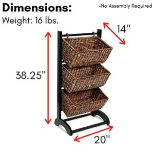 BIRDROCK HOME 3-Tier Abaca Storage Organizer Shelf - Espresso - Extremely Durable Abaca Fiber - Solid Wood Frame - 3 Baskets - Great Cubby for Storage (Brown Wash)