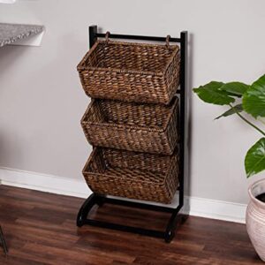 BIRDROCK HOME 3-Tier Abaca Storage Organizer Shelf - Espresso - Extremely Durable Abaca Fiber - Solid Wood Frame - 3 Baskets - Great Cubby for Storage (Brown Wash)