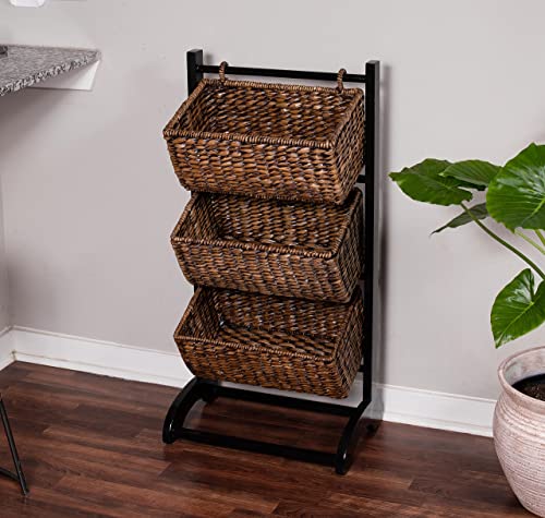 BIRDROCK HOME 3-Tier Abaca Storage Organizer Shelf - Espresso - Extremely Durable Abaca Fiber - Solid Wood Frame - 3 Baskets - Great Cubby for Storage (Brown Wash)