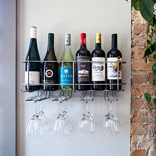 c2M Wall Mounted Wine Bottle & Glass Rack | Floating Wine Storage Shelf for 6 Bottles, 8 Glasses, & Opener | Timeless Compact Steel Design | Heavy Duty & Made in The USA - Silver