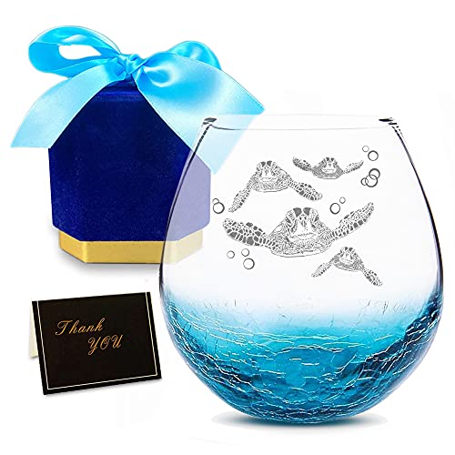 Mothers Day Gifts for Mom, Sea Turtles Family Handmade Engraved Crackle Turquoise Beach Wine Glass 18 Oz Gifts for Turtle Lover Men Women