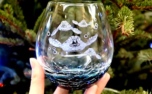 Mothers Day Gifts for Mom, Sea Turtles Family Handmade Engraved Crackle Turquoise Beach Wine Glass 18 Oz Gifts for Turtle Lover Men Women