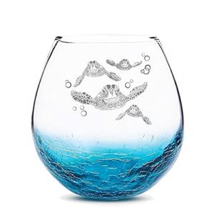 Mothers Day Gifts for Mom, Sea Turtles Family Handmade Engraved Crackle Turquoise Beach Wine Glass 18 Oz Gifts for Turtle Lover Men Women