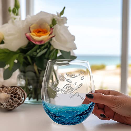 Mothers Day Gifts for Mom, Sea Turtles Family Handmade Engraved Crackle Turquoise Beach Wine Glass 18 Oz Gifts for Turtle Lover Men Women