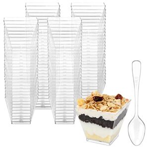 colovis mini dessert cups, 100 ct 2oz clear plastic parfait appetizer cups with spoons mini square dessert bowls for serving, tasting (100)