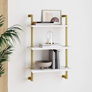 nathan james theo 3-shelf small bookcase, floating wall mount bookshelf with wood and industrial pipe/metal frame, white/brass gold