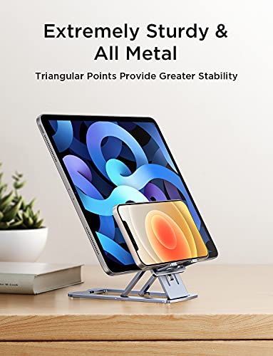 LISEN Travel Essentials Accessories Foldable Cell Phone Stand, [Sturdy Aluminum Metal] Adjustable Cell Phone Holder [Ultra Thin] Portable Stand for Desk Compatible with All Smartphones, Tablets