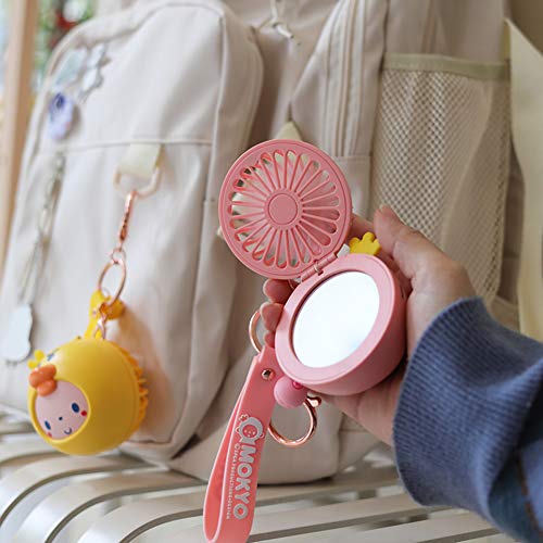 5665 Mini Portable Hand Fans, 3 Speed Adjustable USB Rechargeable Desk Fan with Mirror，Makeup Eyelash Fan，Key Chain，Folding 180° Rotating Free Adjustment for Camping Traveling Household (pink)