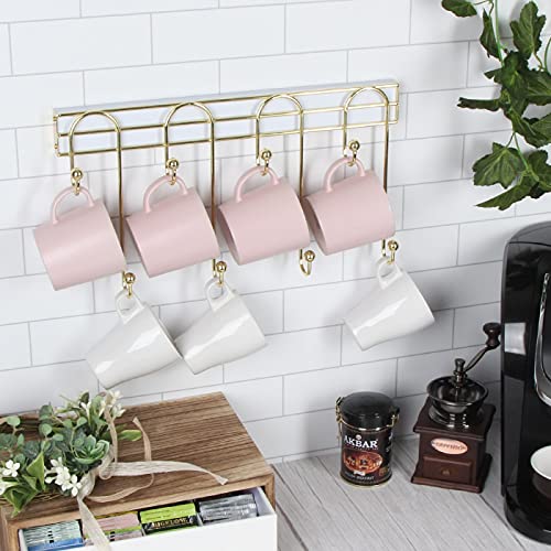 J JACKCUBE DESIGN Wall Mounted Coffee Mug Cup Holder Gold Metal Rack for Home, Kitchen Tea Cup Display Storage Organizer with 8 Hooks - MK738A