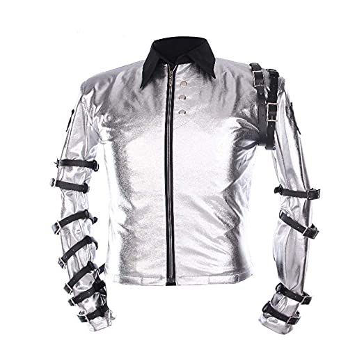 III-Fashions Men's Classic Michael Pop Bad Concert Tour Punk Belts Costume Silver Satin Biker Jacket, Medium