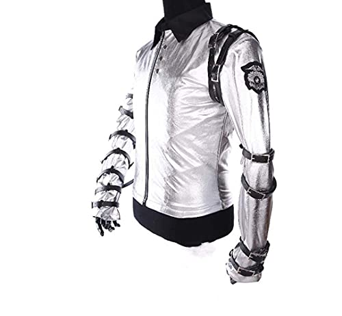 III-Fashions Men's Classic Michael Pop Bad Concert Tour Punk Belts Costume Silver Satin Biker Jacket, Medium