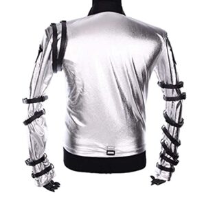 III-Fashions Men's Classic Michael Pop Bad Concert Tour Punk Belts Costume Silver Satin Biker Jacket, Medium