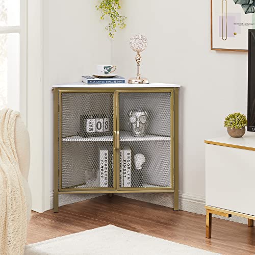 VECELO Corner Cabinet Table with 3-Tier Shelf, Freestanding Storage Organizer for Small Space in Living Room/Bedroom/Kitchen, Two Doors, Gold