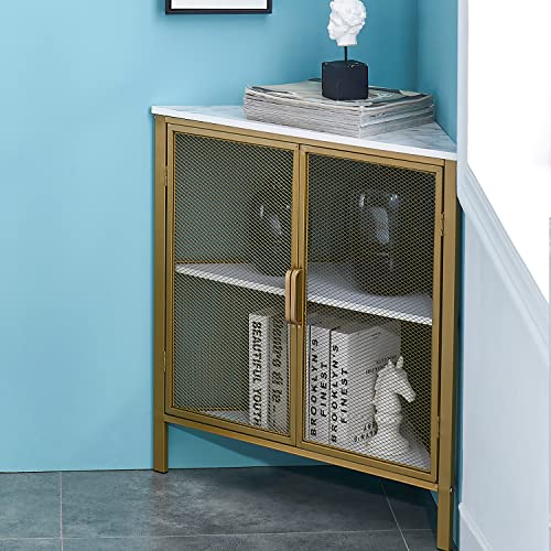 VECELO Corner Cabinet Table with 3-Tier Shelf, Freestanding Storage Organizer for Small Space in Living Room/Bedroom/Kitchen, Two Doors, Gold