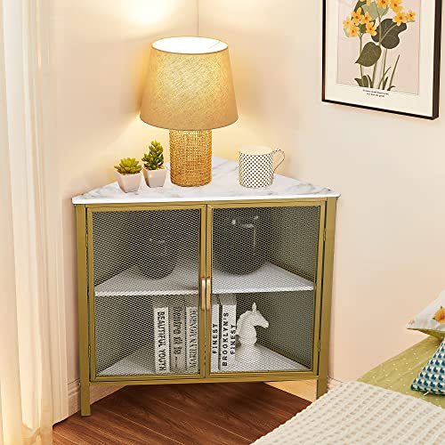 VECELO Corner Cabinet Table with 3-Tier Shelf, Freestanding Storage Organizer for Small Space in Living Room/Bedroom/Kitchen, Two Doors, Gold