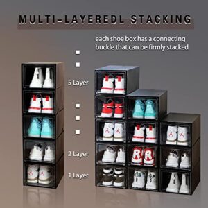 MMBABY 12 Pack Shoe Storage Box Shoe Box Clear Plastic Stackable Drop Front Shoe Organizer Space Saving Foldable Shoe Container Bin Fit up to US Size 12 (Black)