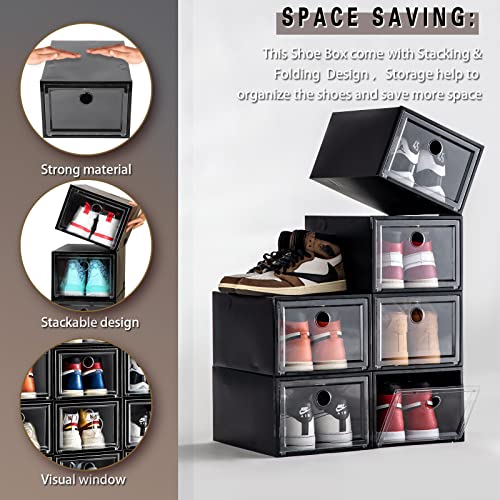 MMBABY 12 Pack Shoe Storage Box Shoe Box Clear Plastic Stackable Drop Front Shoe Organizer Space Saving Foldable Shoe Container Bin Fit up to US Size 12 (Black)