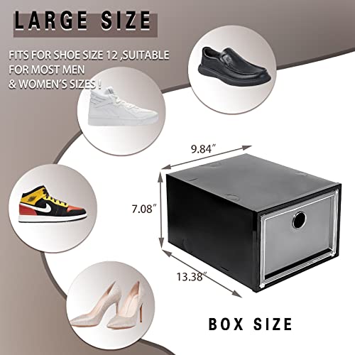 MMBABY 12 Pack Shoe Storage Box Shoe Box Clear Plastic Stackable Drop Front Shoe Organizer Space Saving Foldable Shoe Container Bin Fit up to US Size 12 (Black)