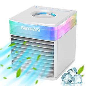 portable air conditioner fan, mini personal air cooler fan with 3 speed mode, and usb input & 7 colors night light, small humidifier air cooler desk table fan for home, office and room