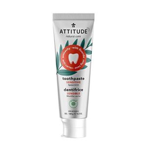 attitude toothpaste with fluoride, prevents tooth decay and cavities, vegan, cruelty-free and sugar-free, sensitive, spearmint, 4.2 oz