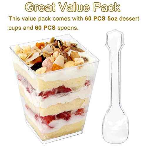 Colovis Dessert Cups, 60 Count 5oz Clear Plastic Parfait Appetizer Cups with Spoons Square Dessert Serving Cups for Parties, Events, Catering (60)