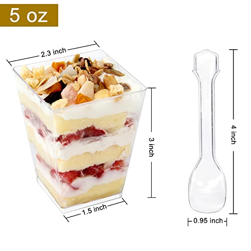 Colovis Dessert Cups, 60 Count 5oz Clear Plastic Parfait Appetizer Cups with Spoons Square Dessert Serving Cups for Parties, Events, Catering (60)