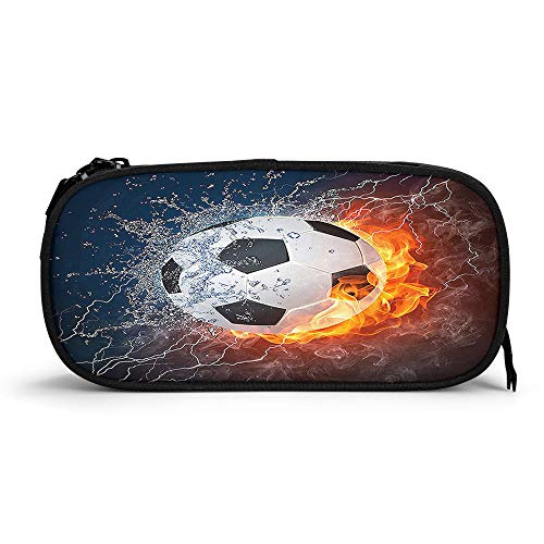 AOYEGO Soccer Pencil Case Sport Football in Burning Fire and Water Spark Lightening Circle Game Pen Pouch Bag Organizer School Students Large Capacity for Women Men