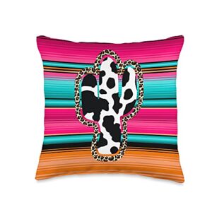 western serape cactus designs western cow cactus leopard cheetha serape turquoise pink throw pillow, 16x16, multicolor