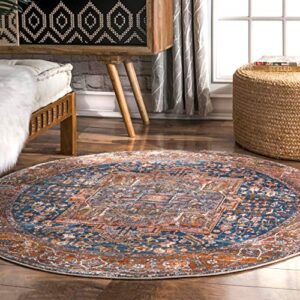 nuloom harriet vintage medallion fringe area rug, 6' round, rust