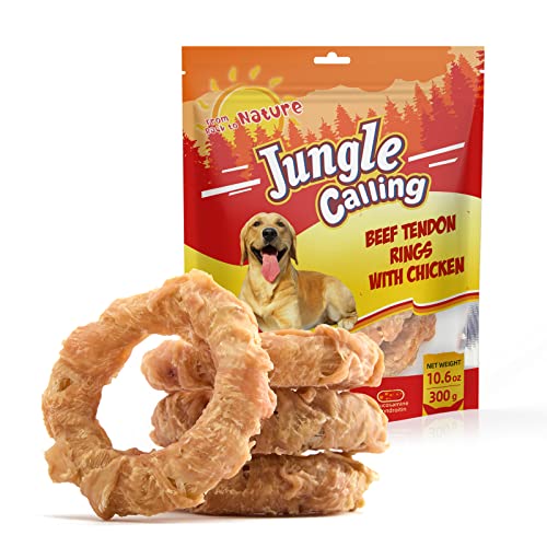 Jungle Calling Beef Tendons for Adult Dogs, Chicken Wrapped Tendons Dog Chews Long Lasting Hip and Joint Supplement for Dogs with Glucosamine (Ring)