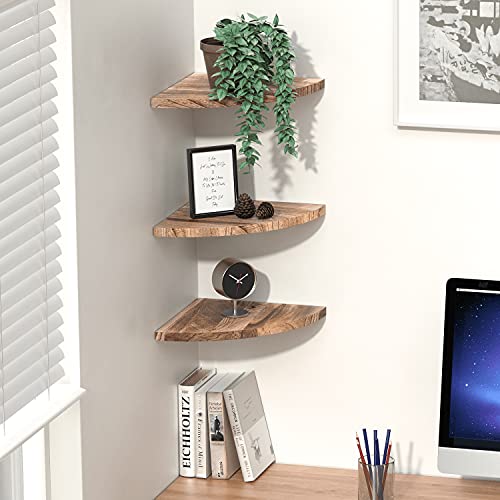 DELFOY Wall Mounted Rustic Wood Round Edge Corner Shelf Storage Rack, Bookcase, Floating Shelves Home Decor for Bedroom, Living Room, Office and Kitchen, Set of 3 (Round Edge)