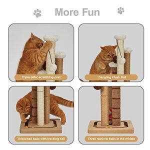 Cat Scratching Post Premium Natural Sisal Jute Carpet 3 Scratch Posts with Interactive Track Ball Base and Hanging Balls Toys Tall Kitten Scratcher for Indoor Kittens and Small Cats