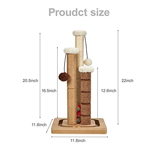 Cat Scratching Post Premium Natural Sisal Jute Carpet 3 Scratch Posts with Interactive Track Ball Base and Hanging Balls Toys Tall Kitten Scratcher for Indoor Kittens and Small Cats