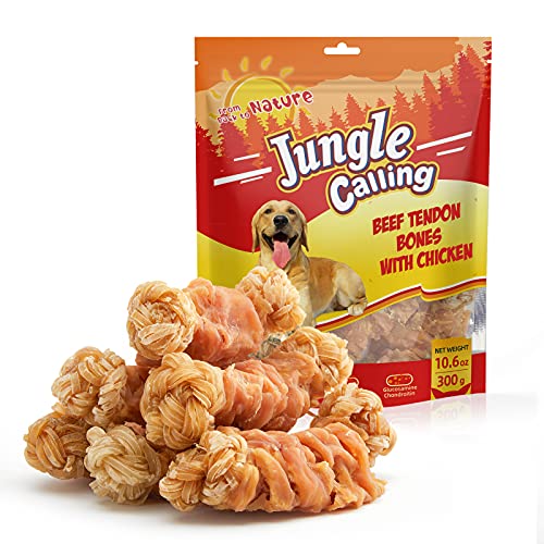 Jungle Calling Beef Tendons for Dogs, Chicken Wrapped Tendons Dog Chews Long Lasting Hip and Joint Supplement for Dogs with Glucosamine (Knotted Bone)