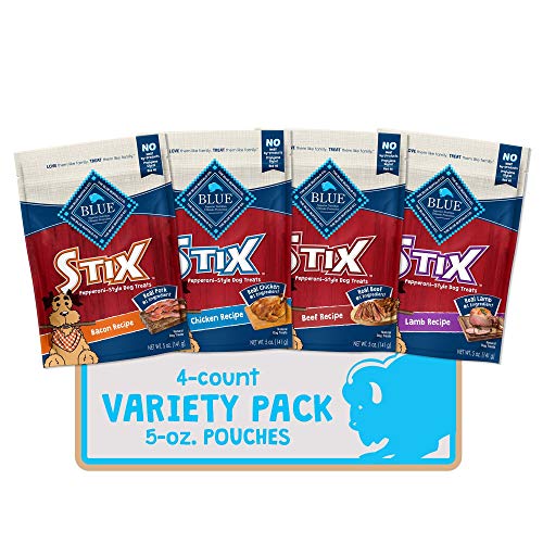 Blue Buffalo Stix Natural Soft-Moist Dog Treats, Beef, Bacon, Lamb, and Chicken 5-oz Variety Pack, 4 count