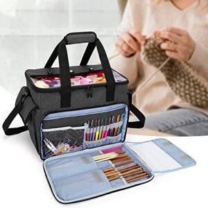 CURMIO Knitting Bag, Yarn Storage Tote with Compartments for Knitting Needles, Crochet Hooks, Knitting Project and Accessories, Bag Only, Black