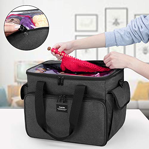 CURMIO Knitting Bag, Yarn Storage Tote with Compartments for Knitting Needles, Crochet Hooks, Knitting Project and Accessories, Bag Only, Black